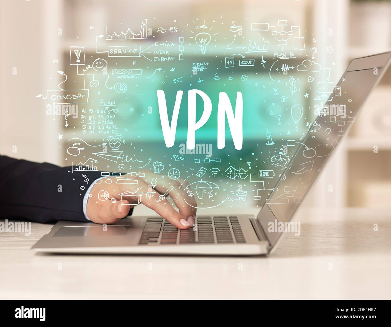 hand working on new modern computer with VPN abbreviation, modern ...