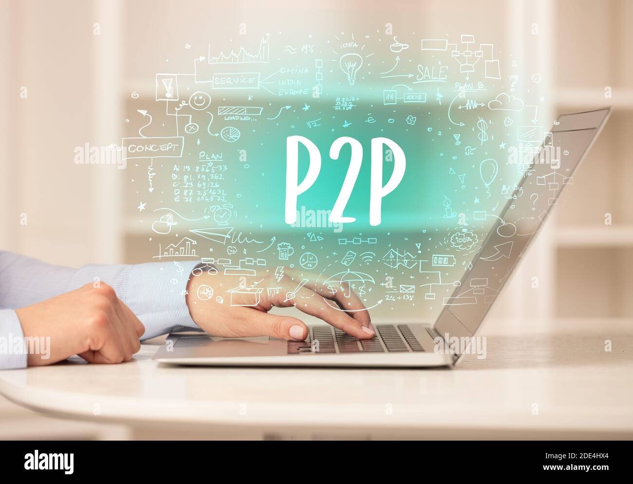 hand working on new modern computer with P2P abbreviation, modern ...