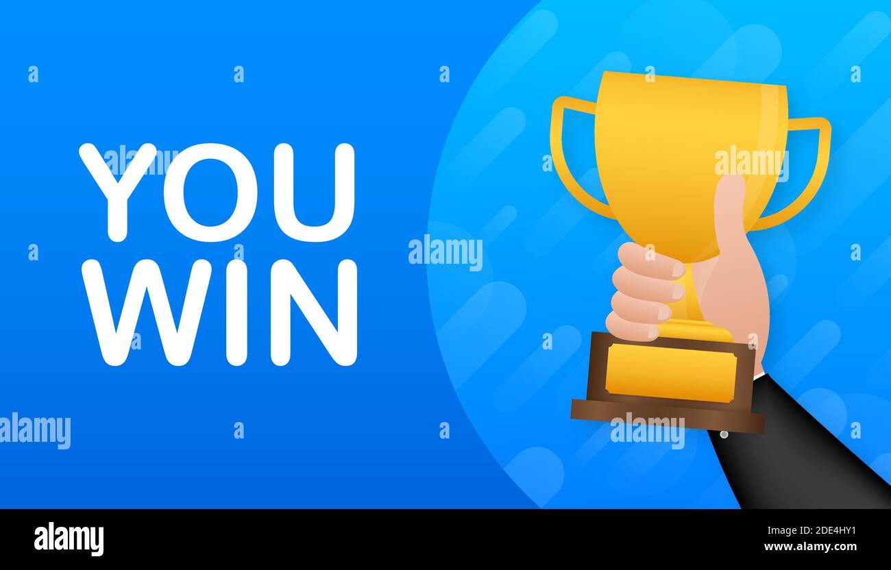 You win. Hand is holding a gold prize cup. A win, leadership and a ...