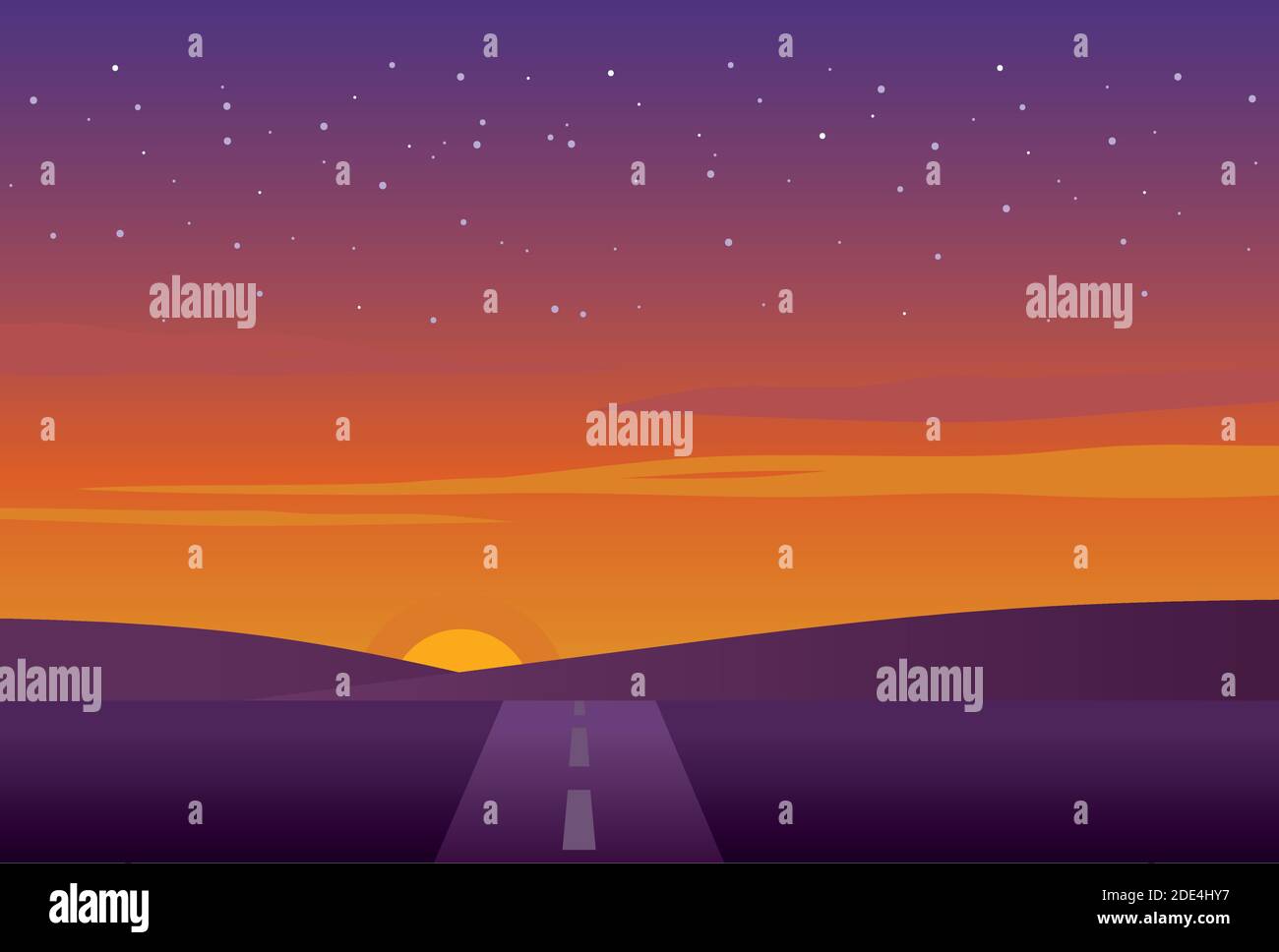 sunset road landscape with stars, colorful design, vector illustration ...