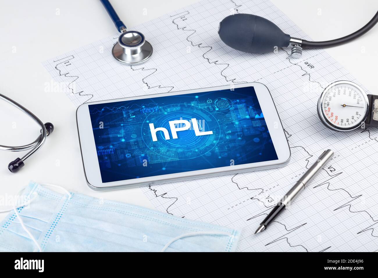 Close-up view of a tablet pc with hPL abbreviation, medical concept ...