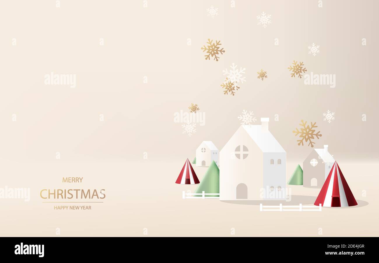 Winter season with Countryside landscape village. Paper art of Merry ...