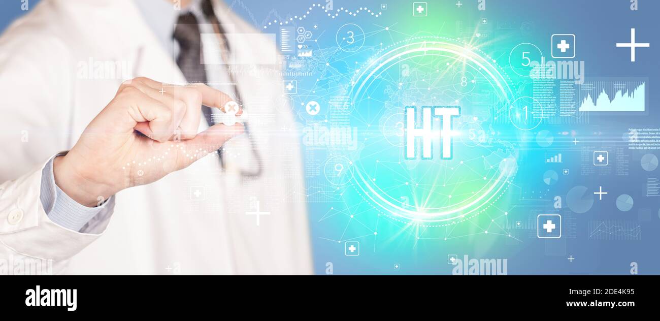 Close-up of a doctor giving you a pill with HT abbreviation, virology ...