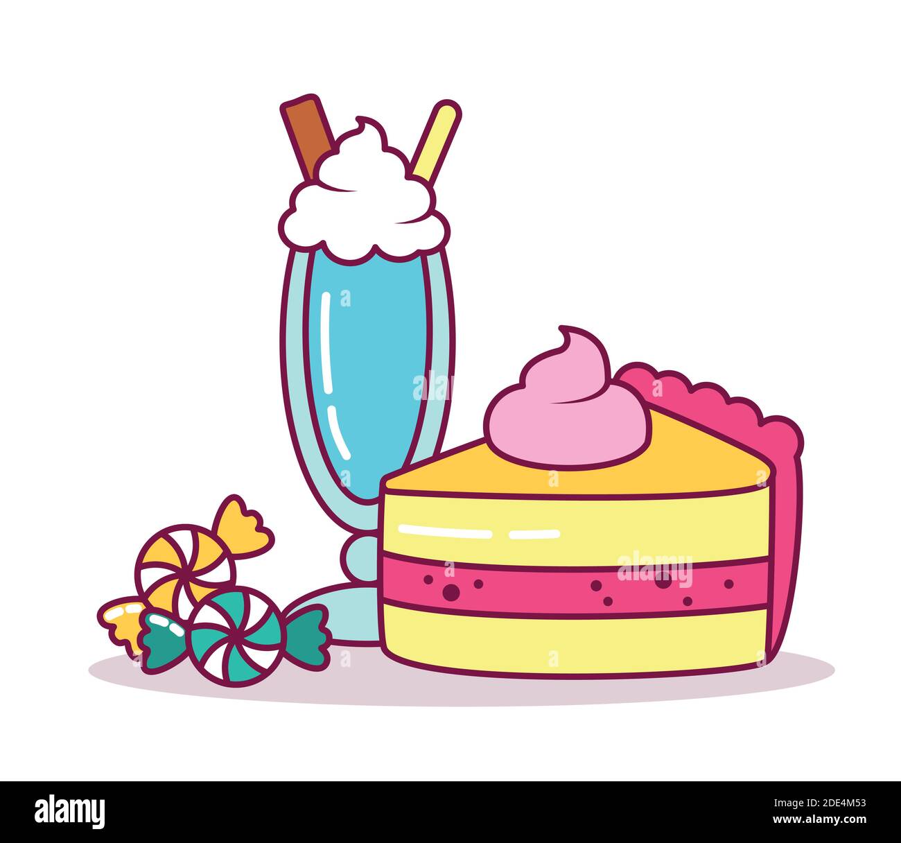piece of cake and milkshake over white background, line and fill style ...