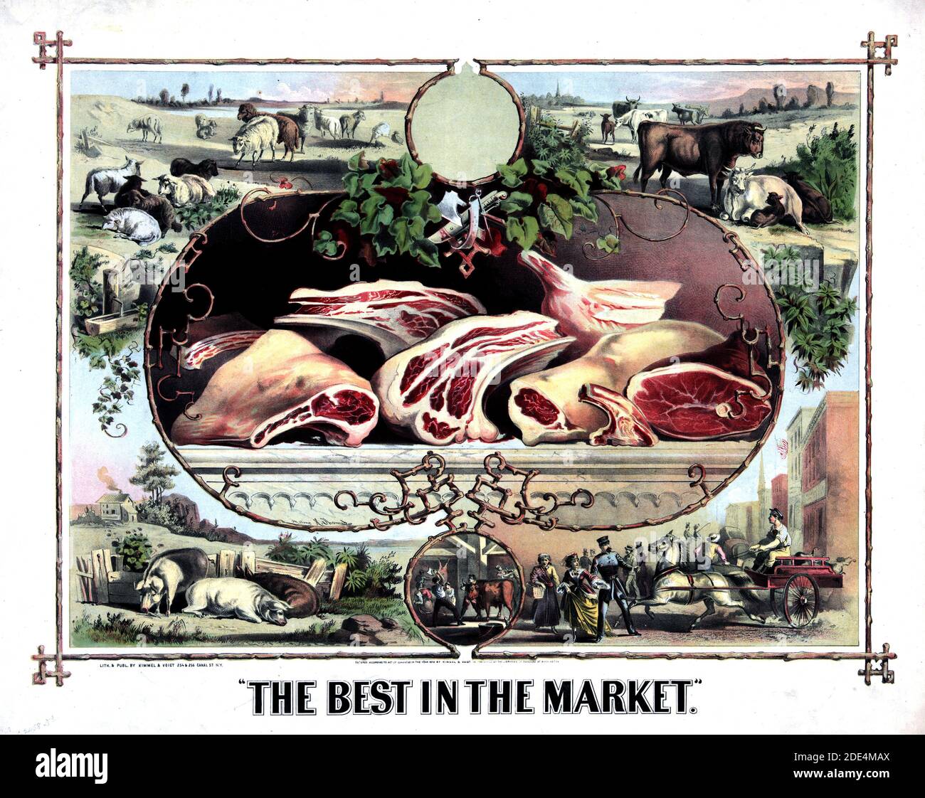Advertisement showing cuts of meat, sheep, cattle, pigs, animal ...