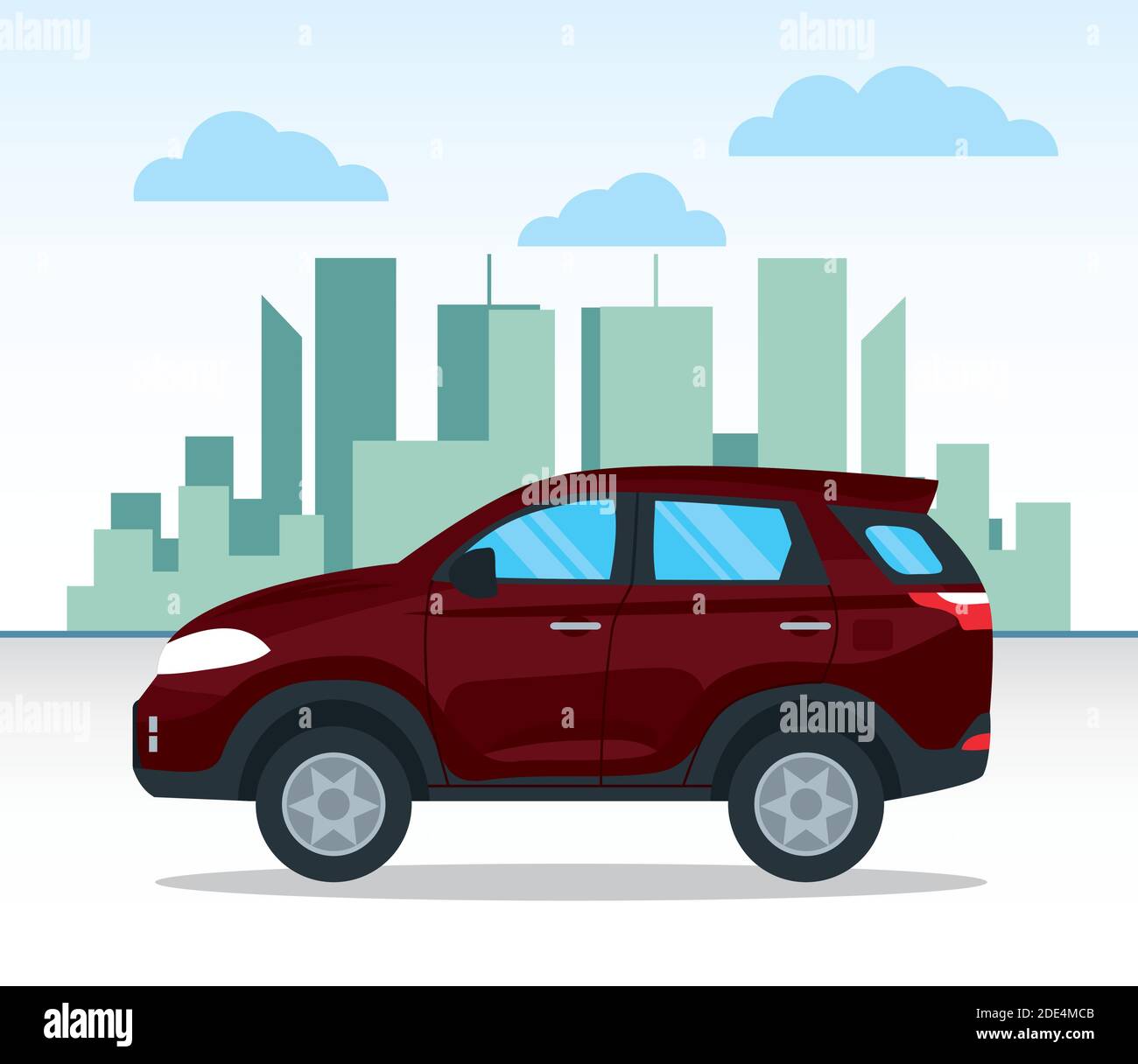 red suv over city landscape and white background, colorful design ...