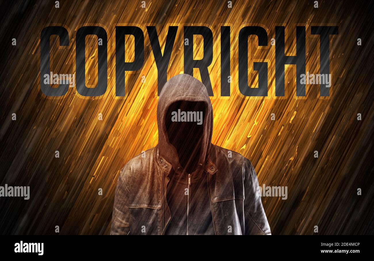 Mysterious man with COPYRIGHT inscription, online security concept ...