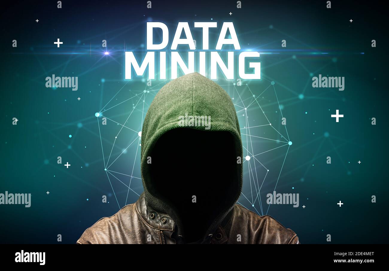 Mysterious hacker with DATA MINING inscription, online attack concept ...