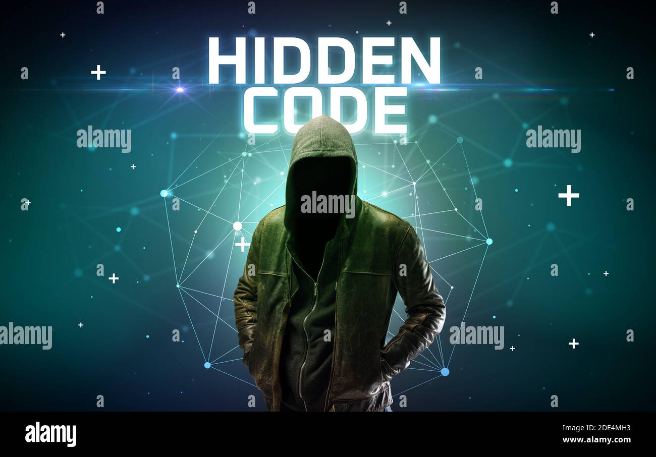 Mysterious hacker with HIDDEN CODE inscription, online attack concept ...