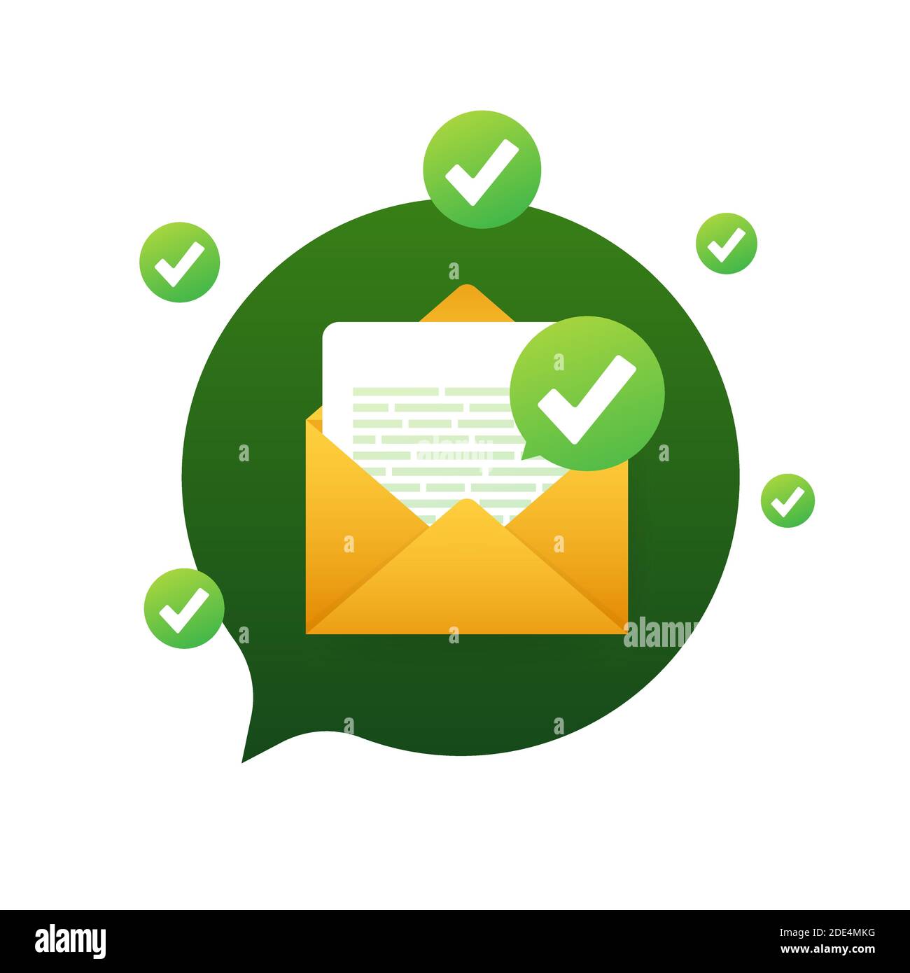 Opened envelope and document with green check mark. Verification email ...