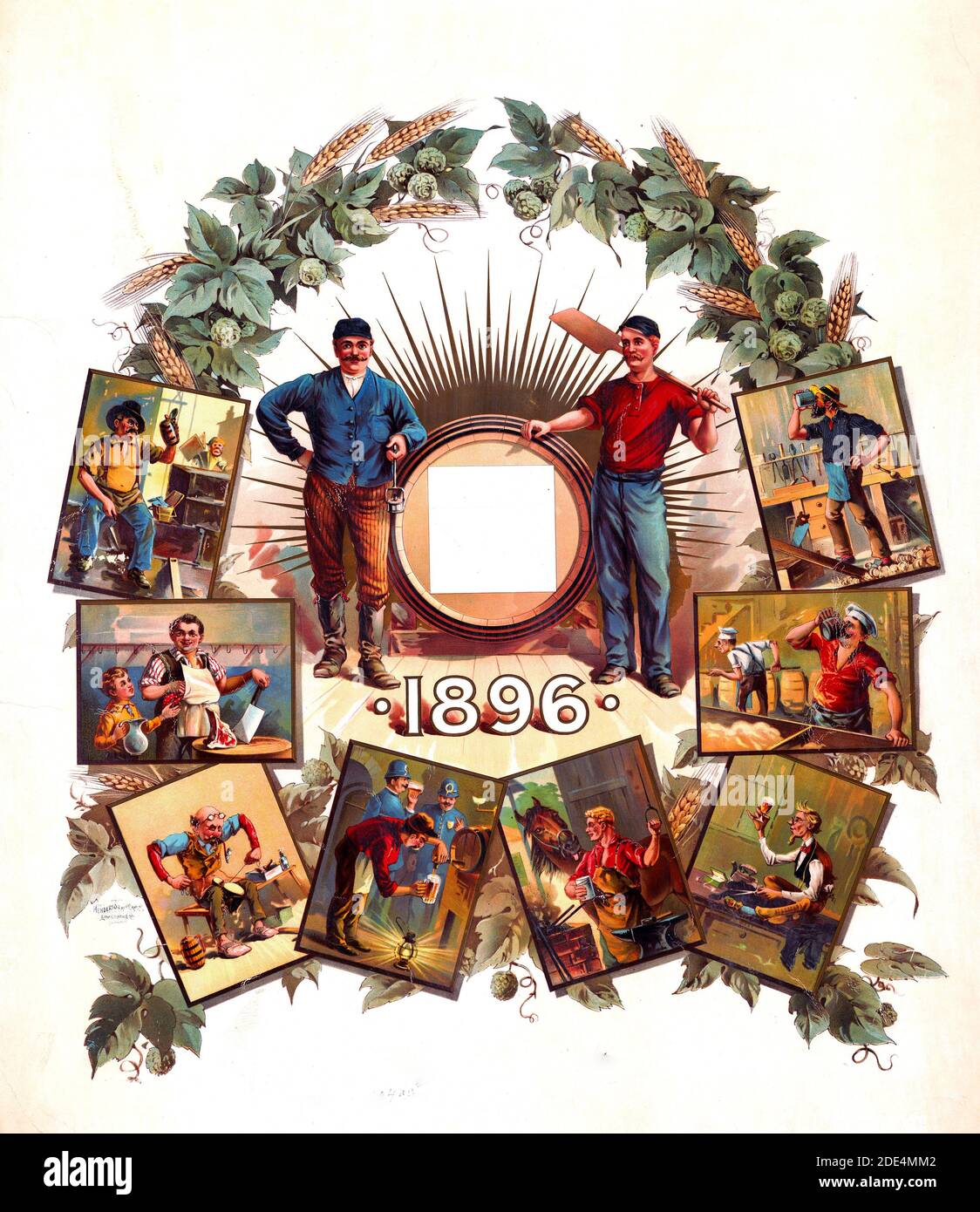 Print shows two men representing members of the brewers trade, with ...