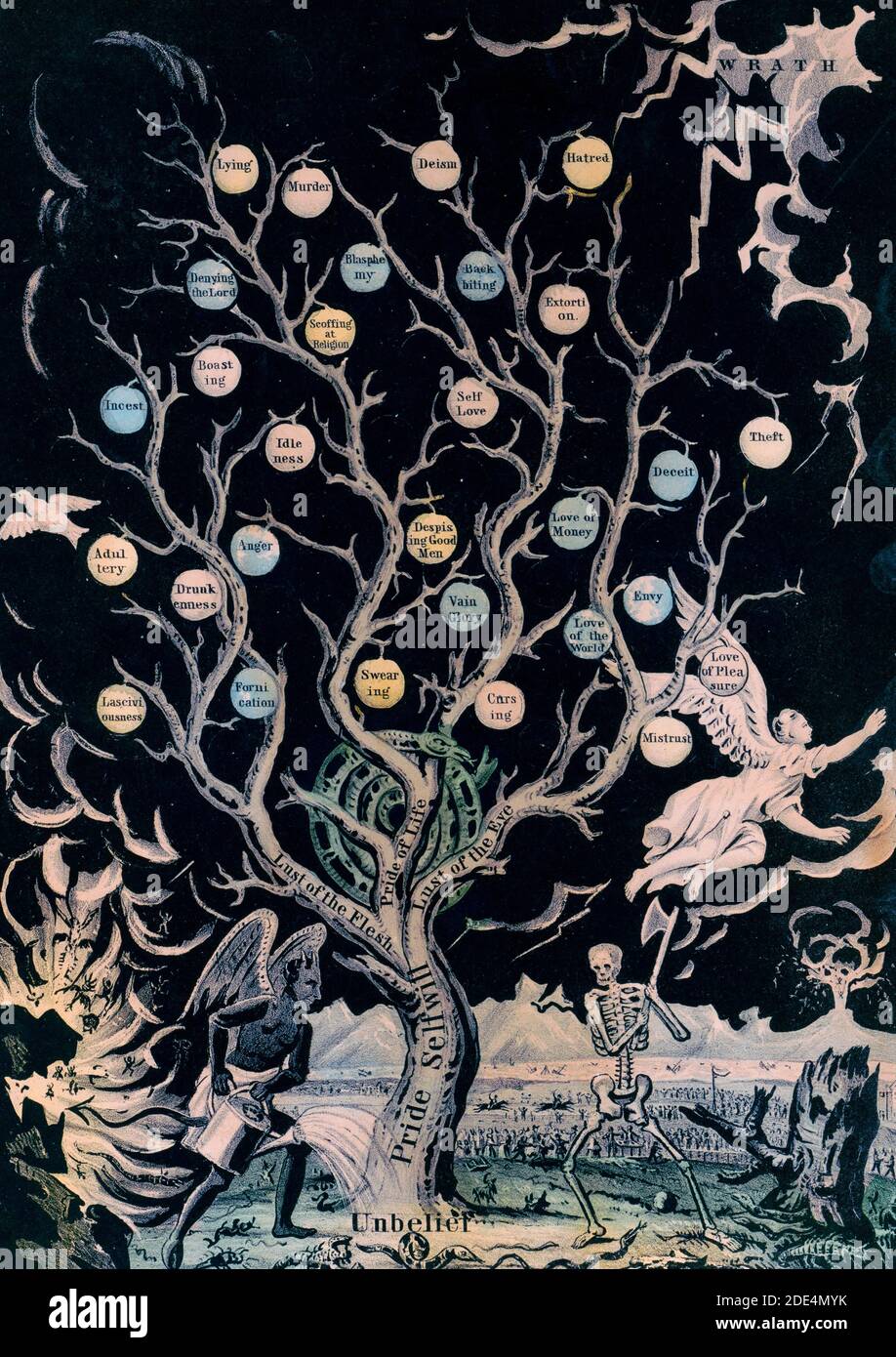 Devil watering tree of sins and skeleton about to chop it down Stock ...