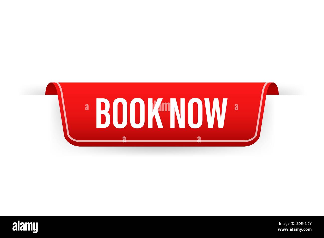 Red ribbon on book now text on white background. Promotion sign. Vector ...