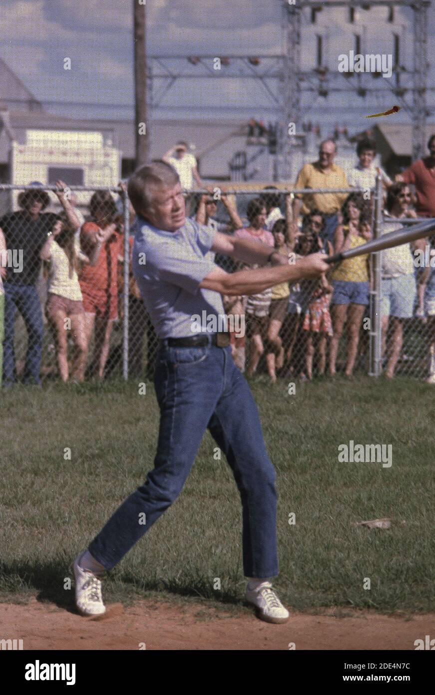 Jimmy Carter at bat during a softball game in Plains GA ca. 7 July 1977 ...