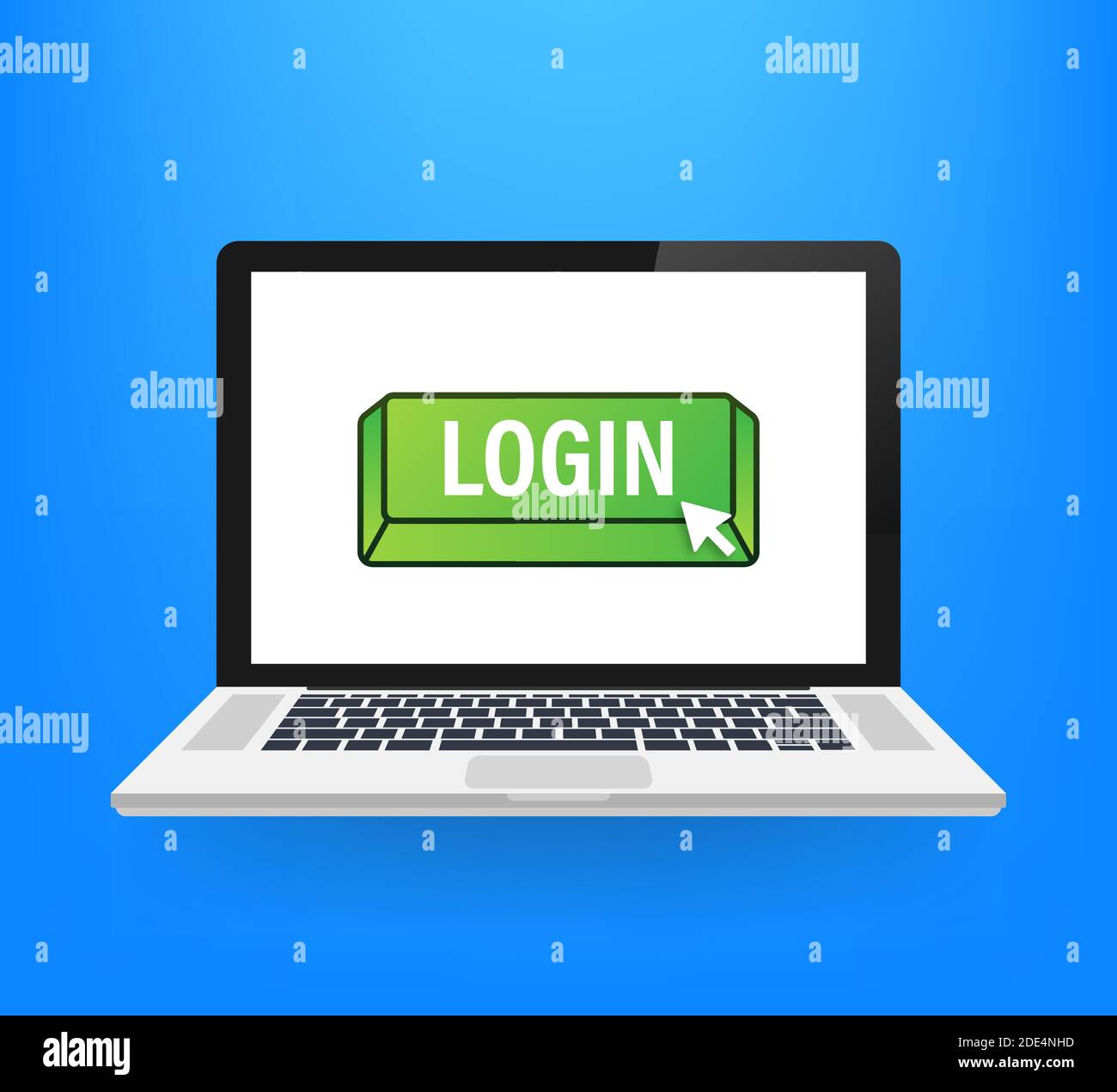 Login button laptop on blue background. Website template design. Click ...