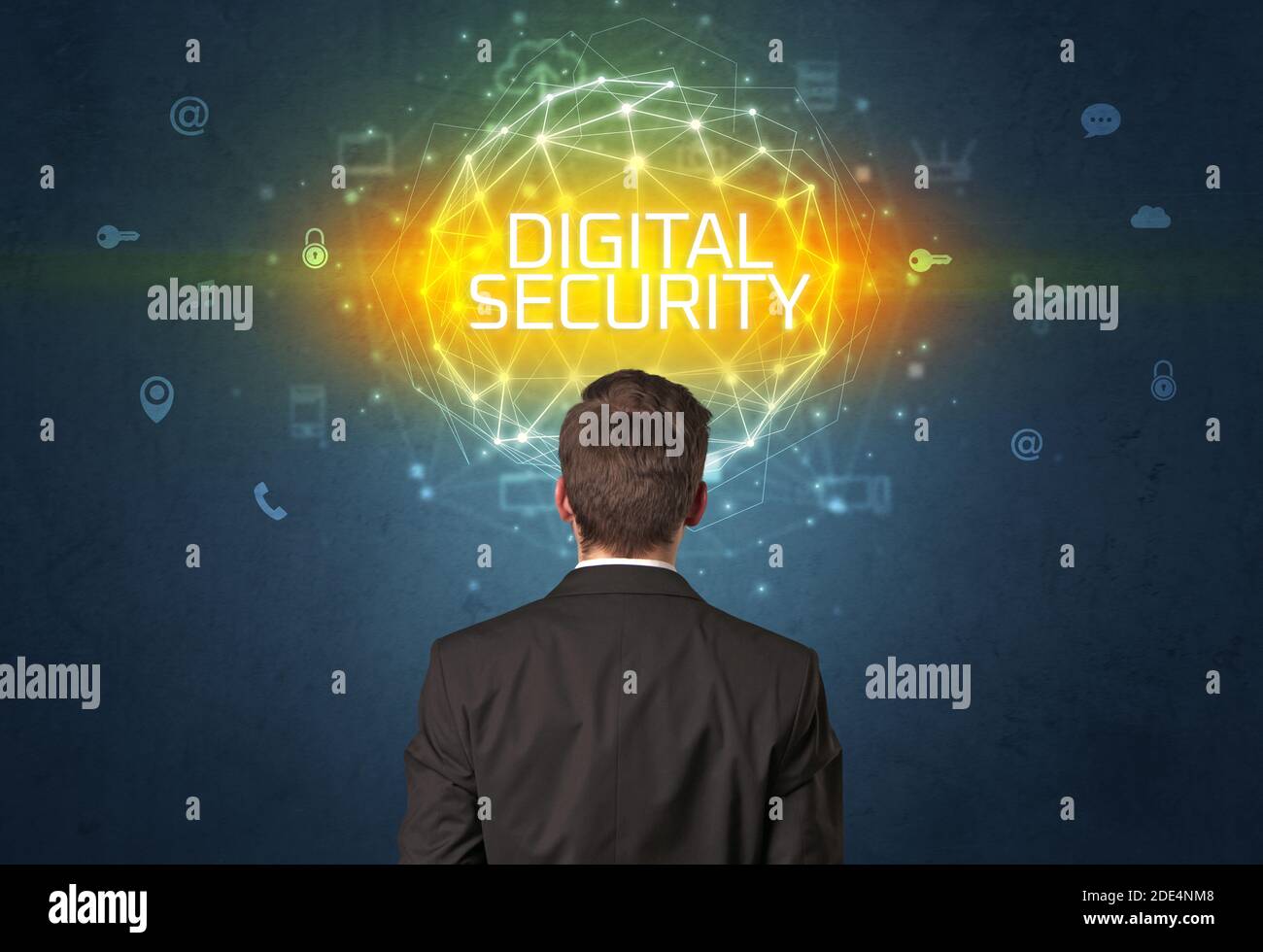 Rear view of a businessman with DIGITAL SECURITY inscription, online ...