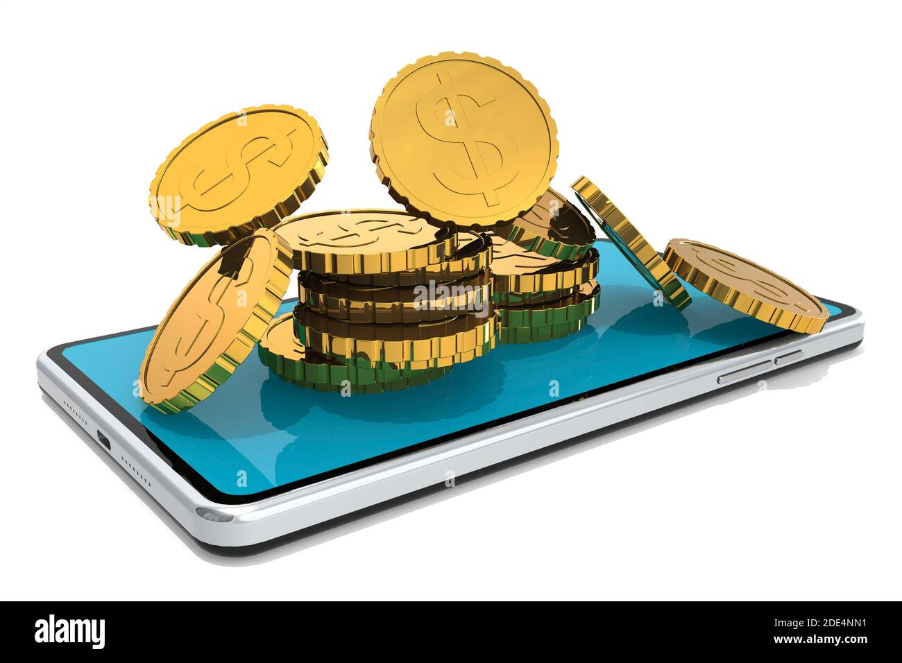 Smart phone with stack of gold coin, 3d rendering Stock Photo - Alamy