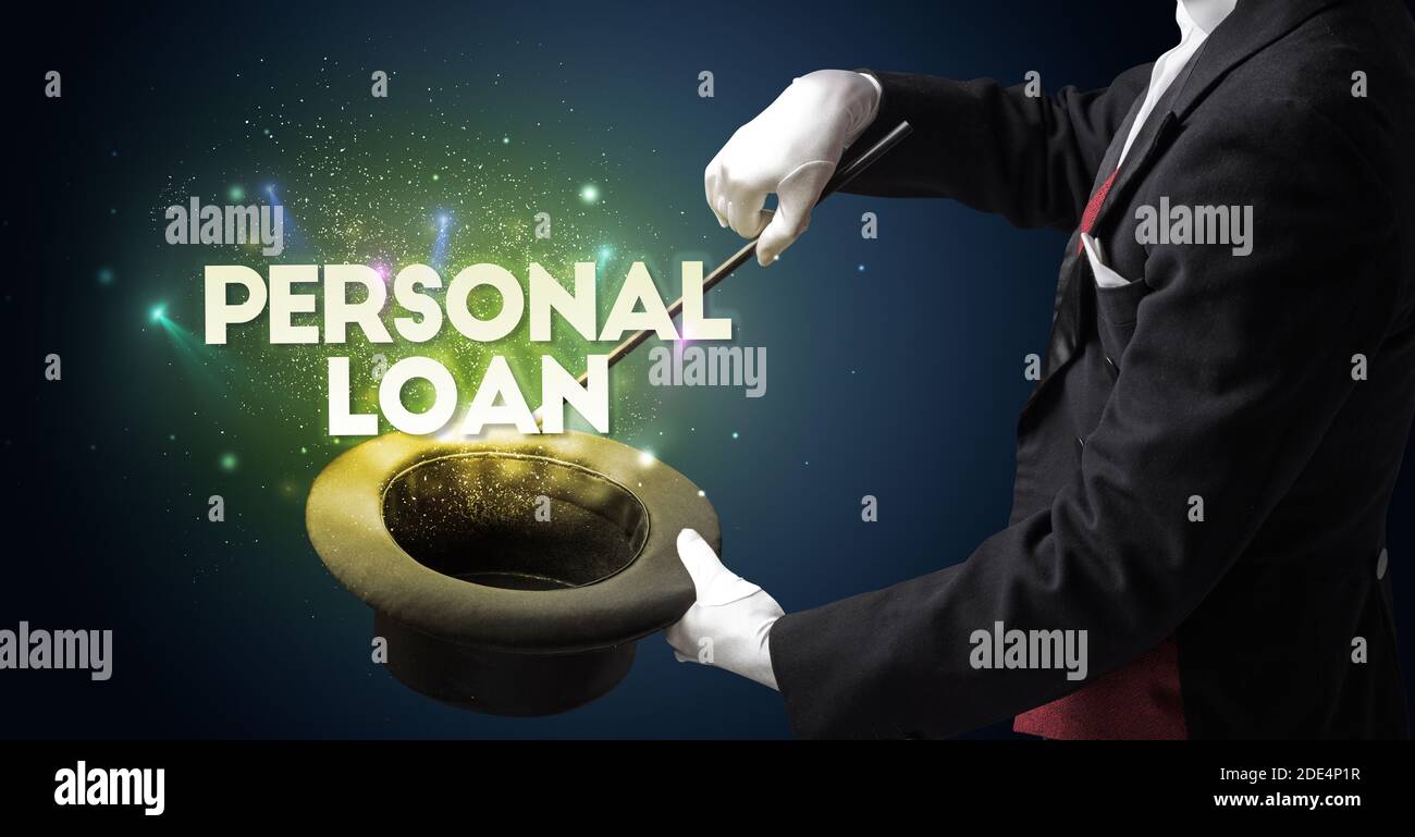 Illusionist is showing magic trick with PERSONAL LOAN inscription, new ...