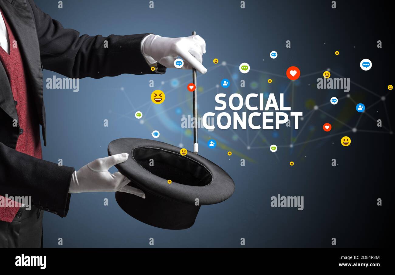 Magician is showing magic trick with SOCIAL CONCEPT inscription, social ...
