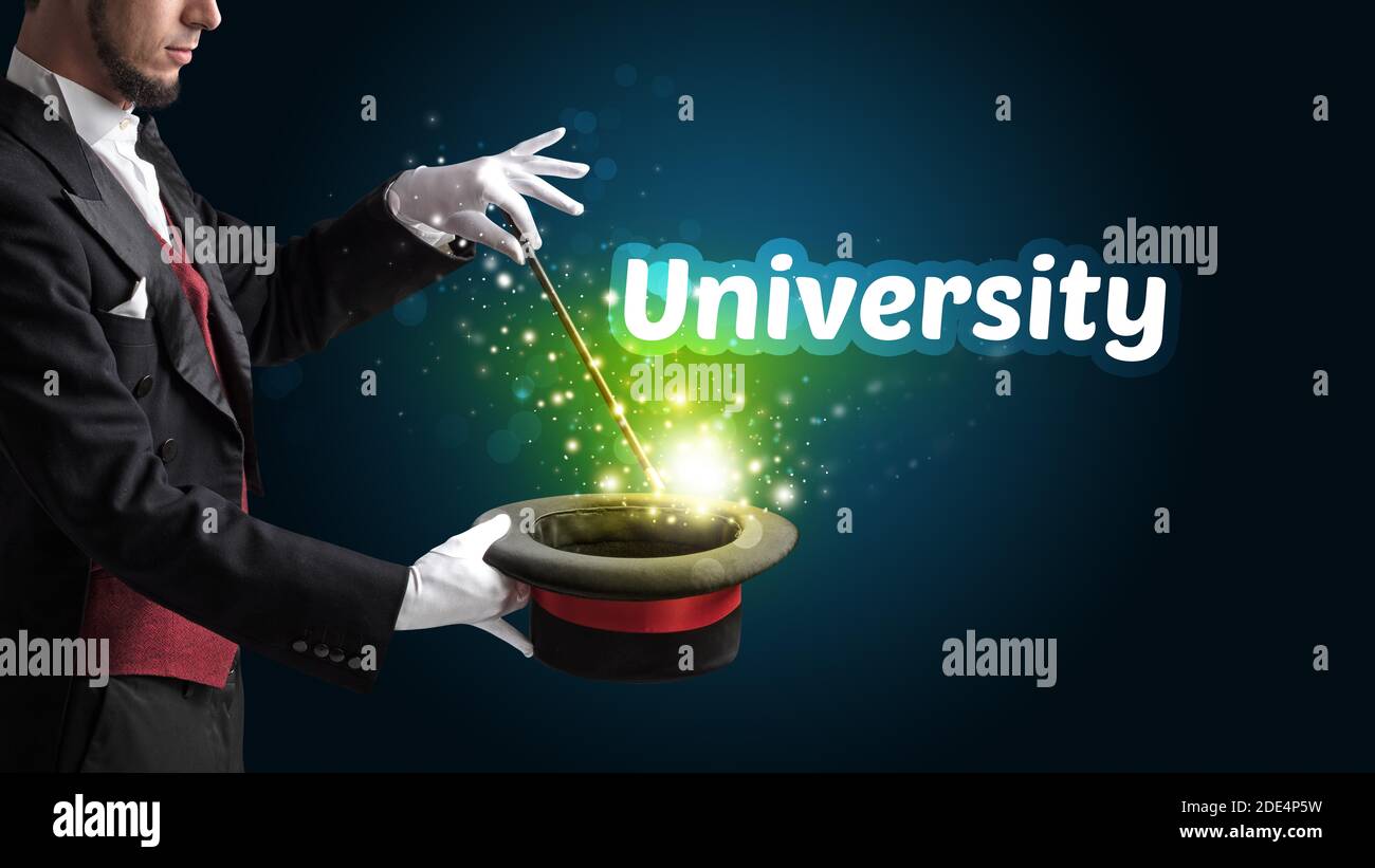 Magician is showing magic trick with University inscription ...