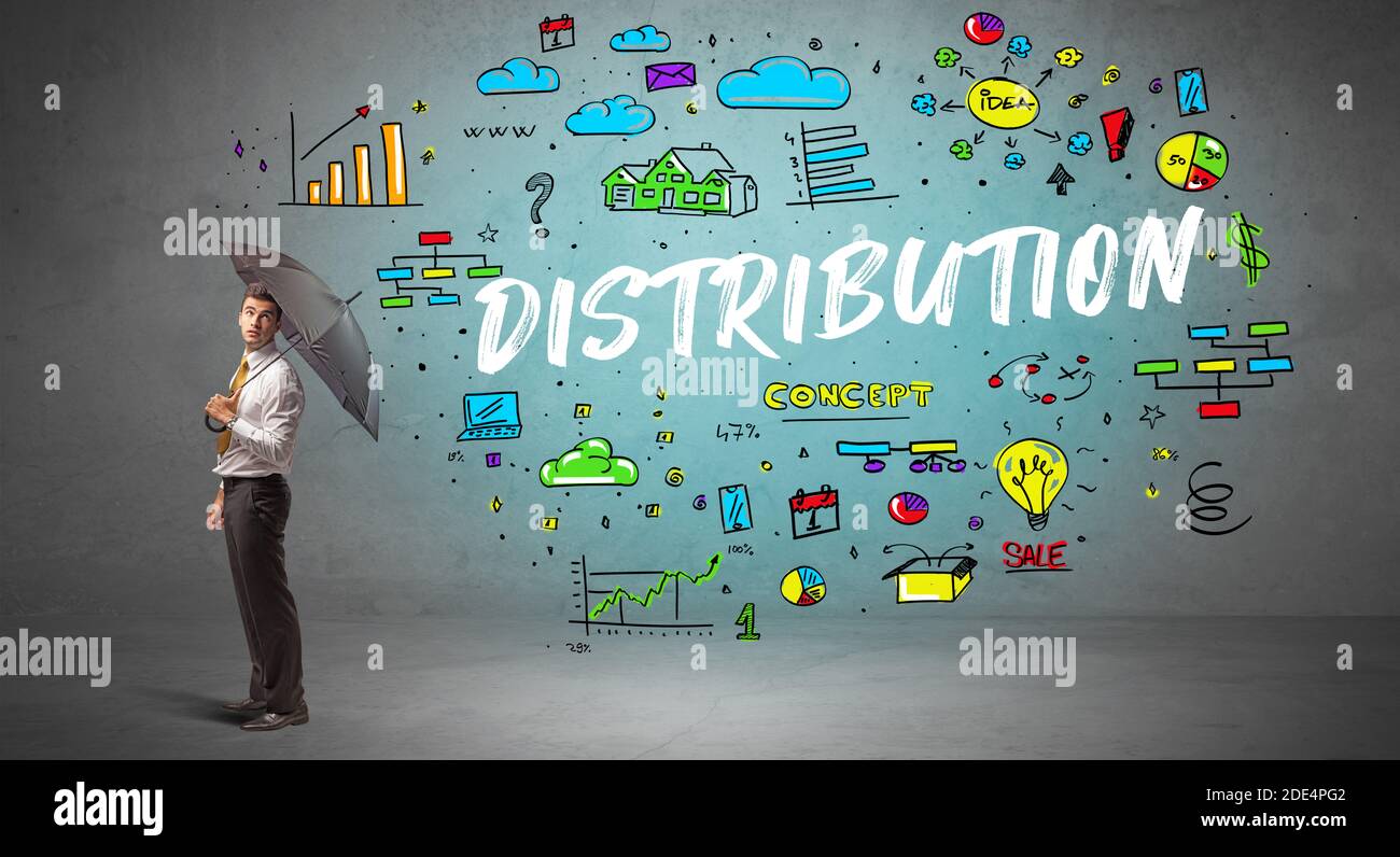 Determined businessman hiding behind umbrella with DISTRIBUTION ...