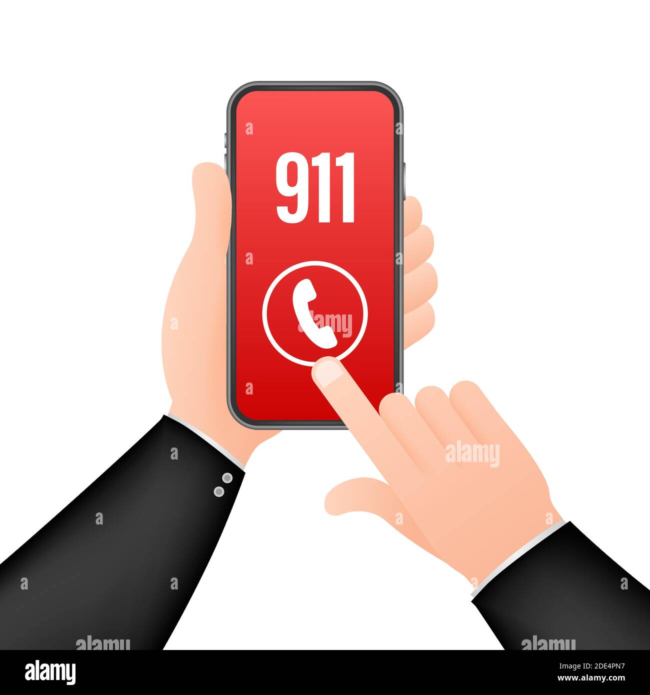 911 smartphone in flat style. Call icon vector. Hand holding smartphone ...