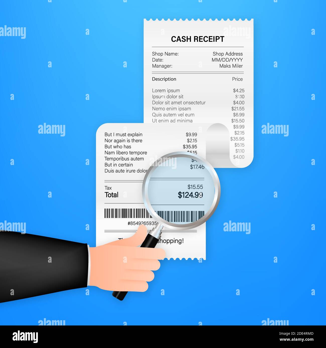 Receipt icon with magnifying glass. Studying paying bill. Payment of ...
