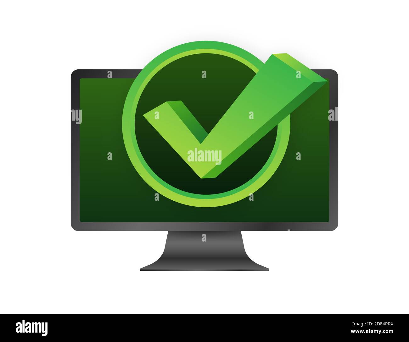 Computer with checkmark or tick notification in bubble. Approved choice ...