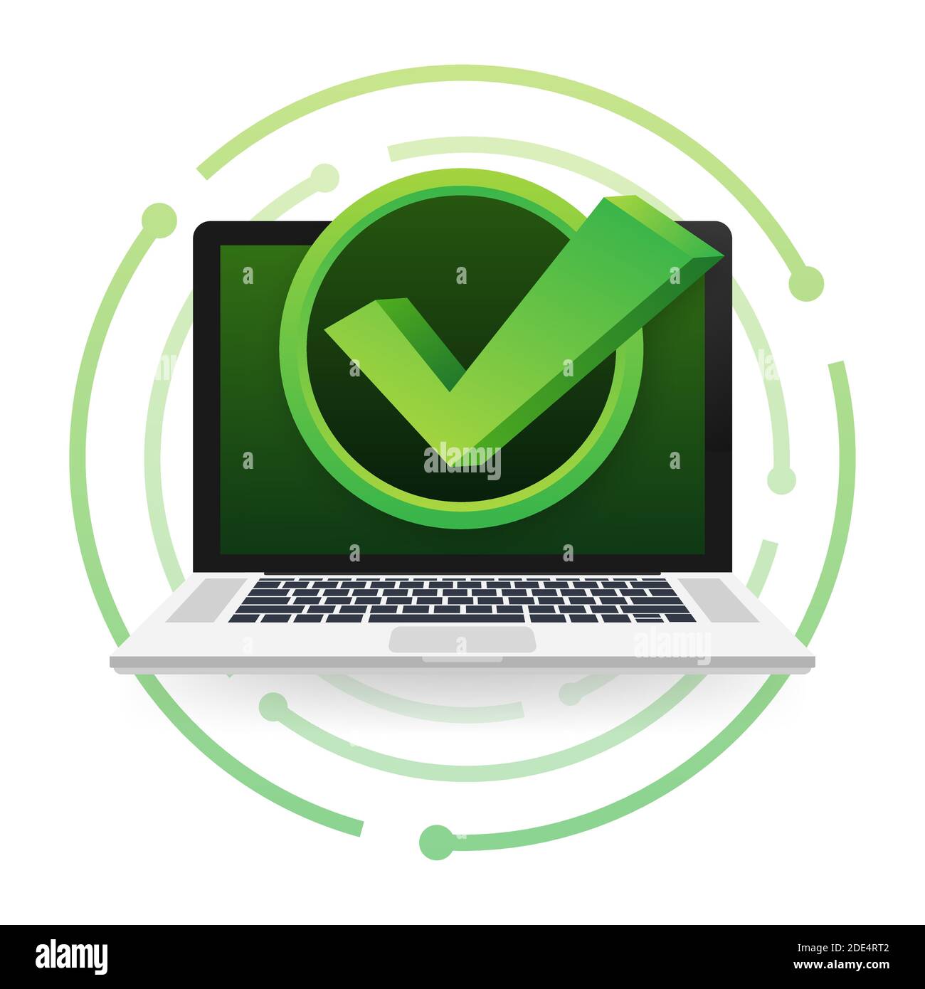 Laptop with checkmark or tick notification in bubble. Approved choice ...