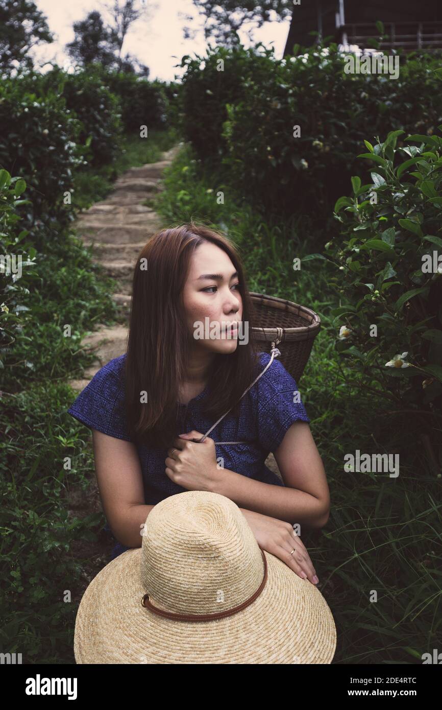asian female farmer model in tribal costume style carry woven basket ...