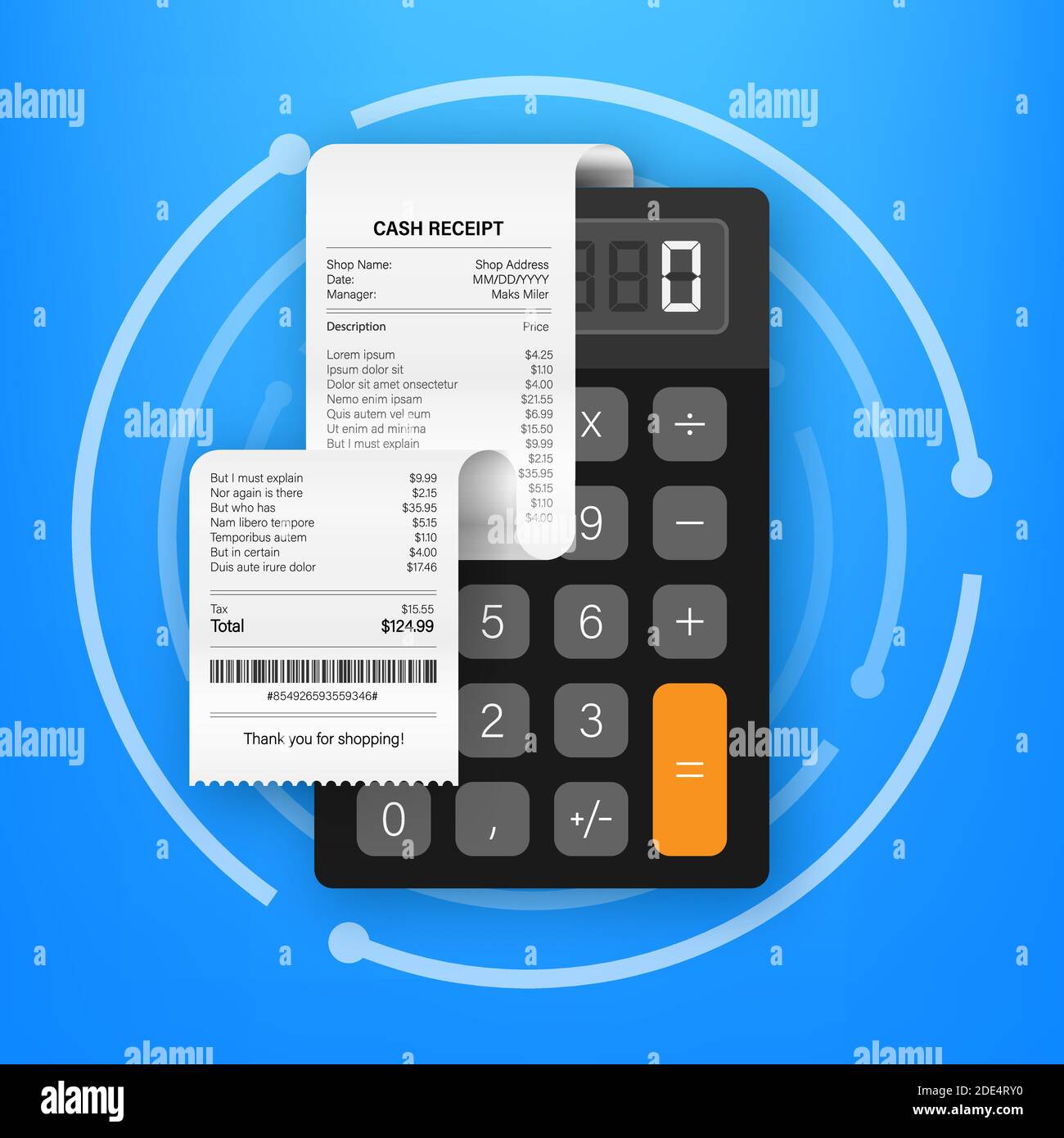 Receipts of realistic payment paper bills for cash or credit card ...