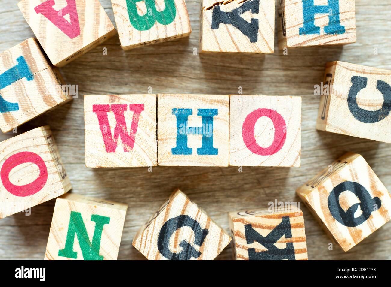 Alphabet letter block in word who with another on wood background Stock ...