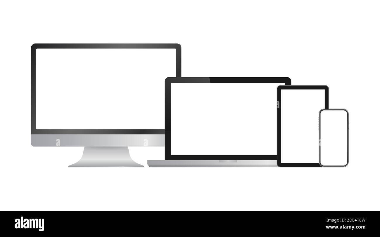 Realistic computer laptop smartphone and tablet. Monitor screen display ...