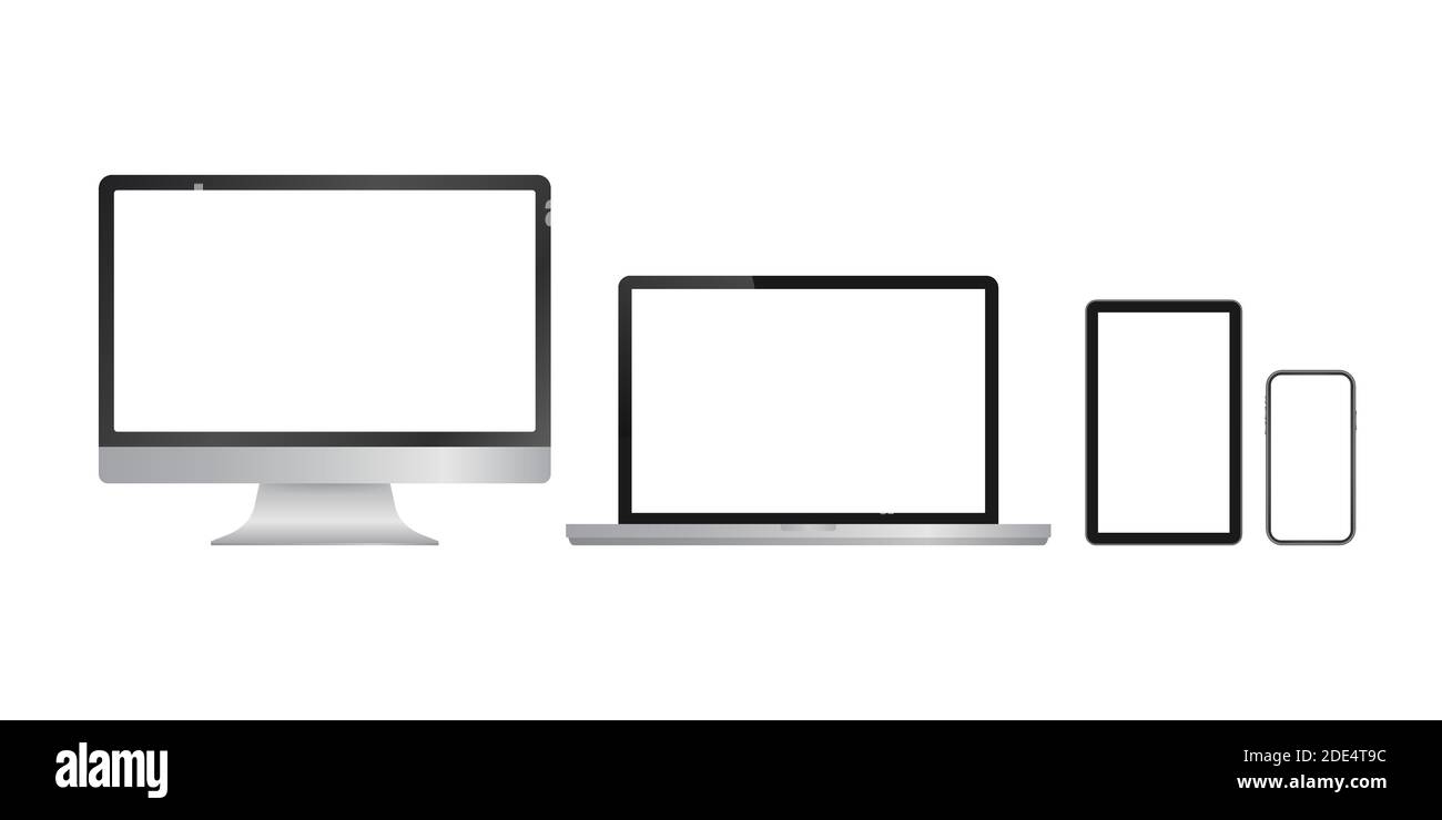 Realistic computer laptop smartphone and tablet. Monitor screen display ...