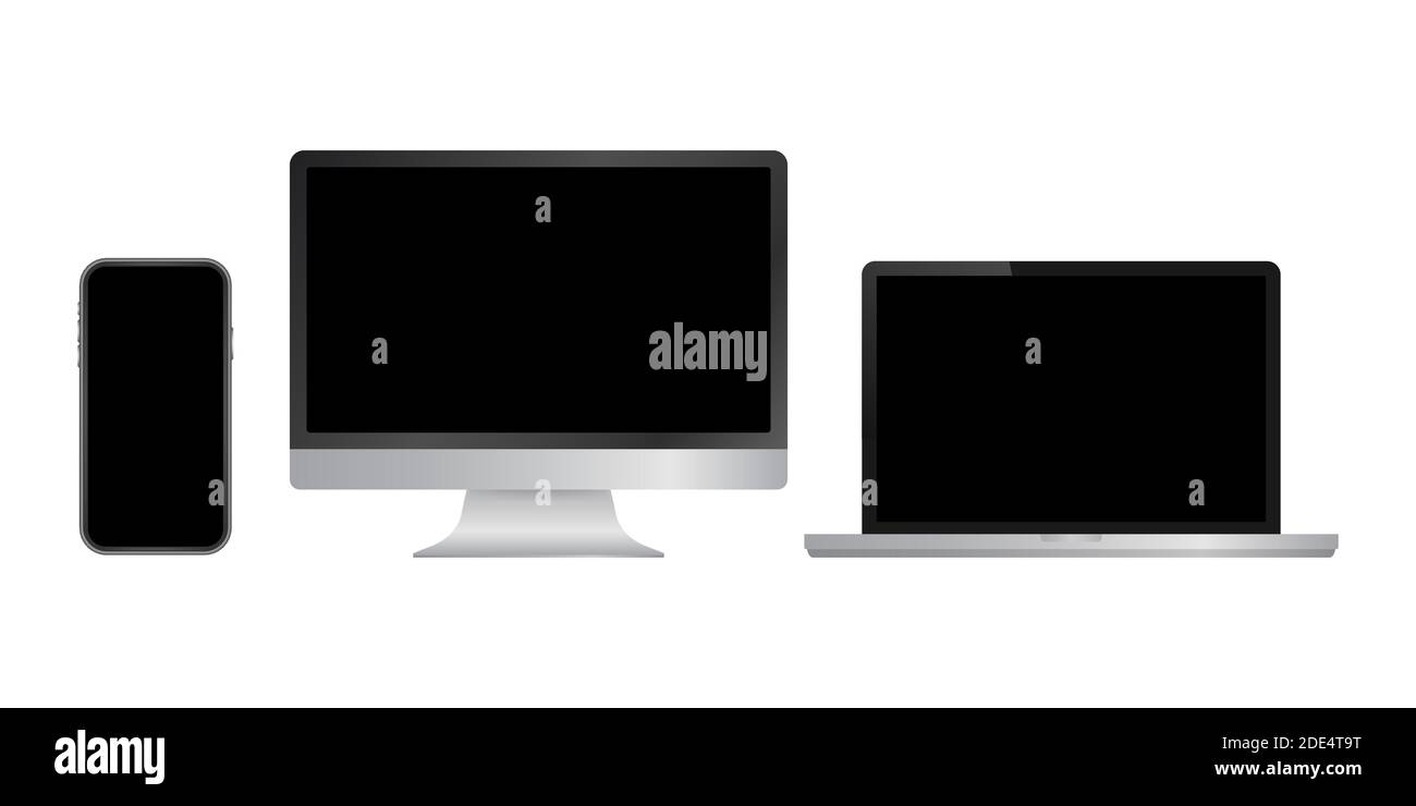 Realistic computer laptop smartphone and tablet. Monitor screen display ...