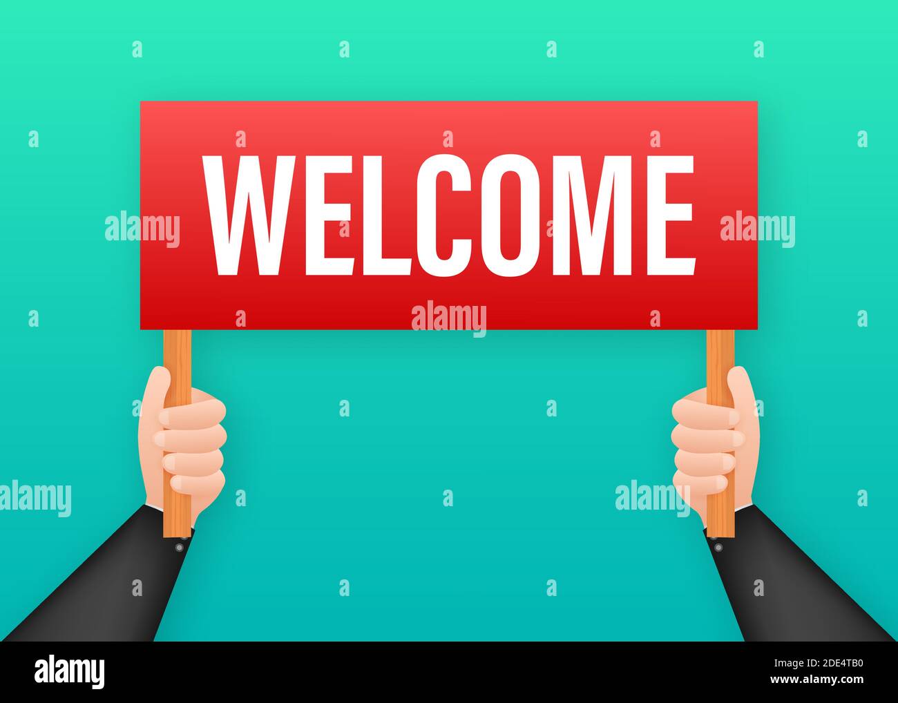 Cartoon poster on welcome text with hand holding placard for banner ...