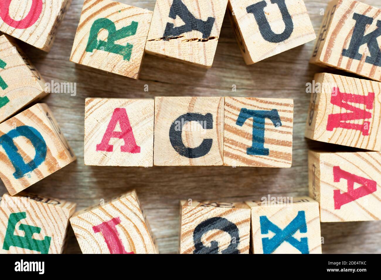 Alphabet letter block in word act with another on wood background Stock ...