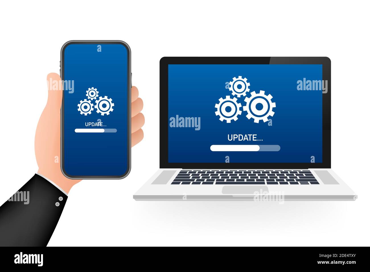 System software update, data update or synchronize with progress bar on the screen. Vector ...
