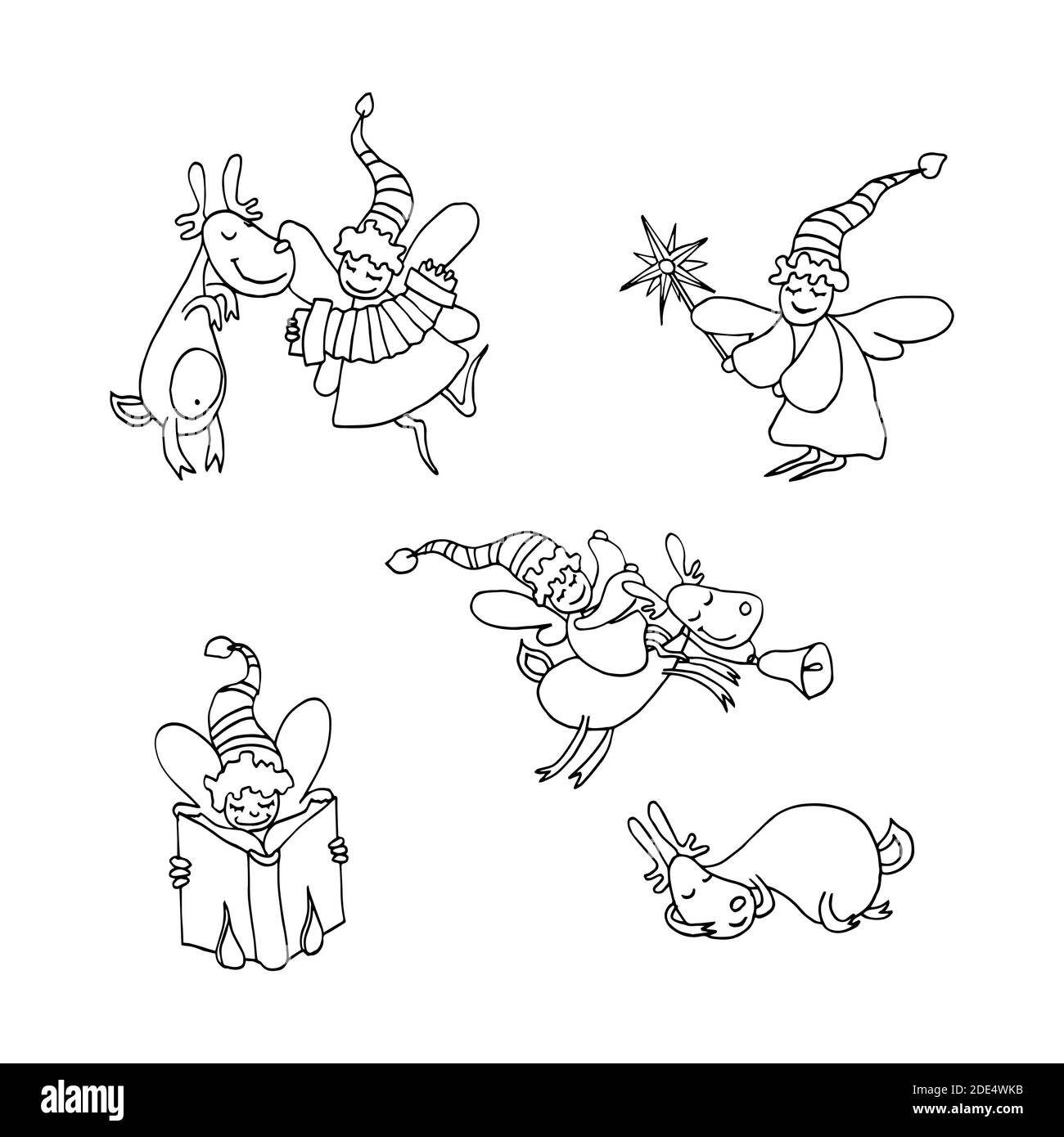 Vector illustration of a set of Christmas angels and deer who fly, have ...