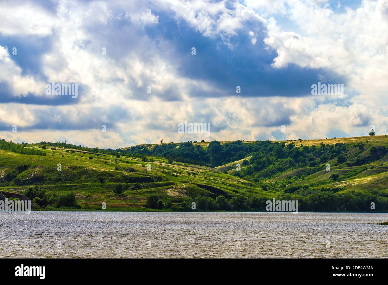 Panoramic view of the river Don and hills, slopes, steppe coast, gully ...
