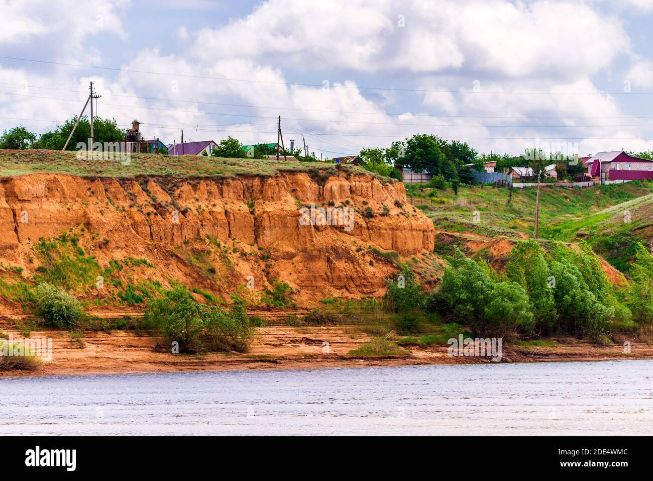 High steep bank of the Don river. Village on a bank of river Stock ...