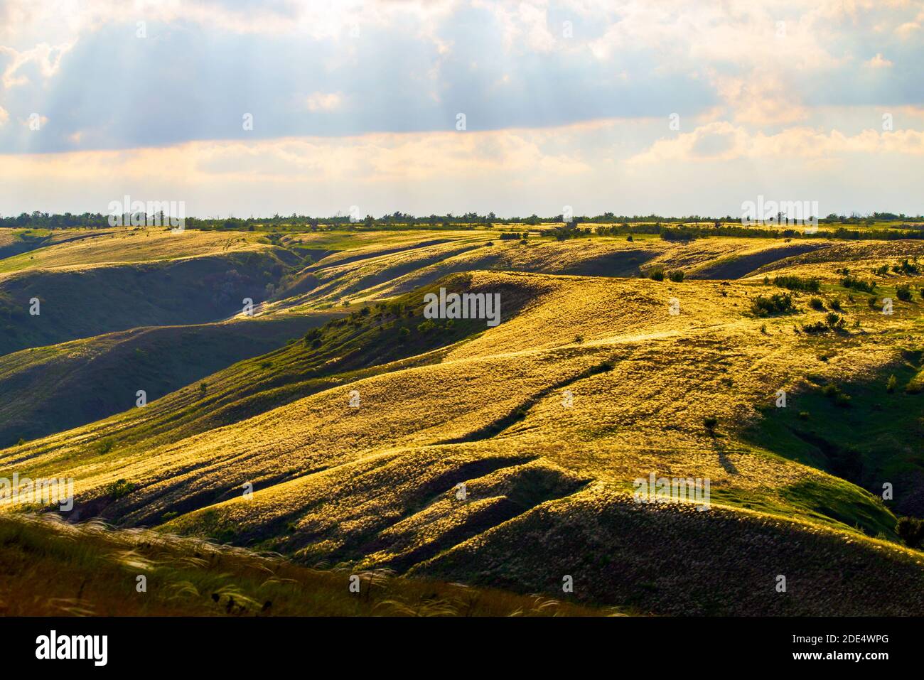 Slopes of hills summer landscape. Valley on the hillside with green and ...