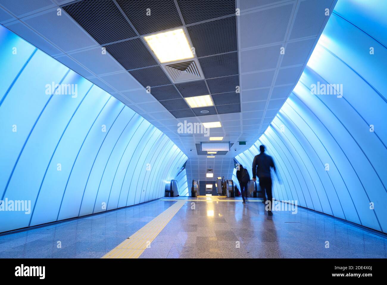 Blue and Modern Subway Corridor in a Metro Station Stock Photo - Alamy