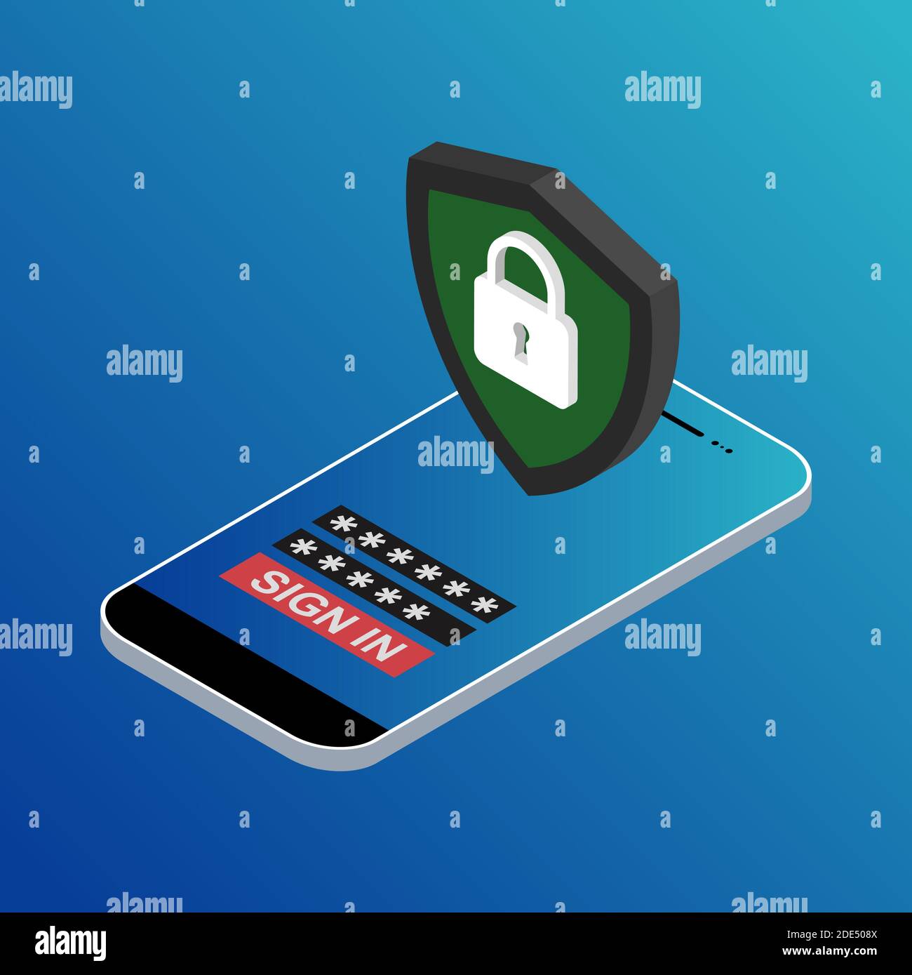 Password authorization concept, phone, security shield, lock with isometric 3D view of login ...