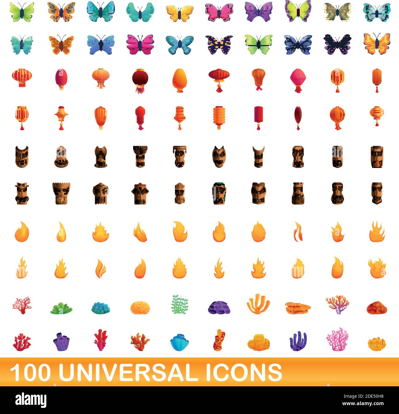 100 universal icons set. Cartoon illustration of 100 universal icons ...