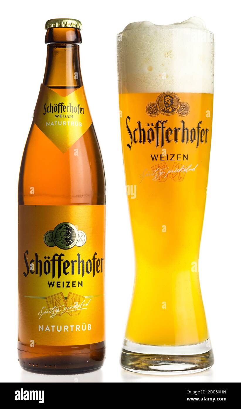 Bottle and glass of Schofferhofer german white wheat beer isolated on a ...