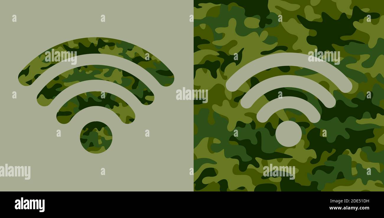 Wifi signal with khaki camouflage pattern. Usage of wi-fi, internet and ...