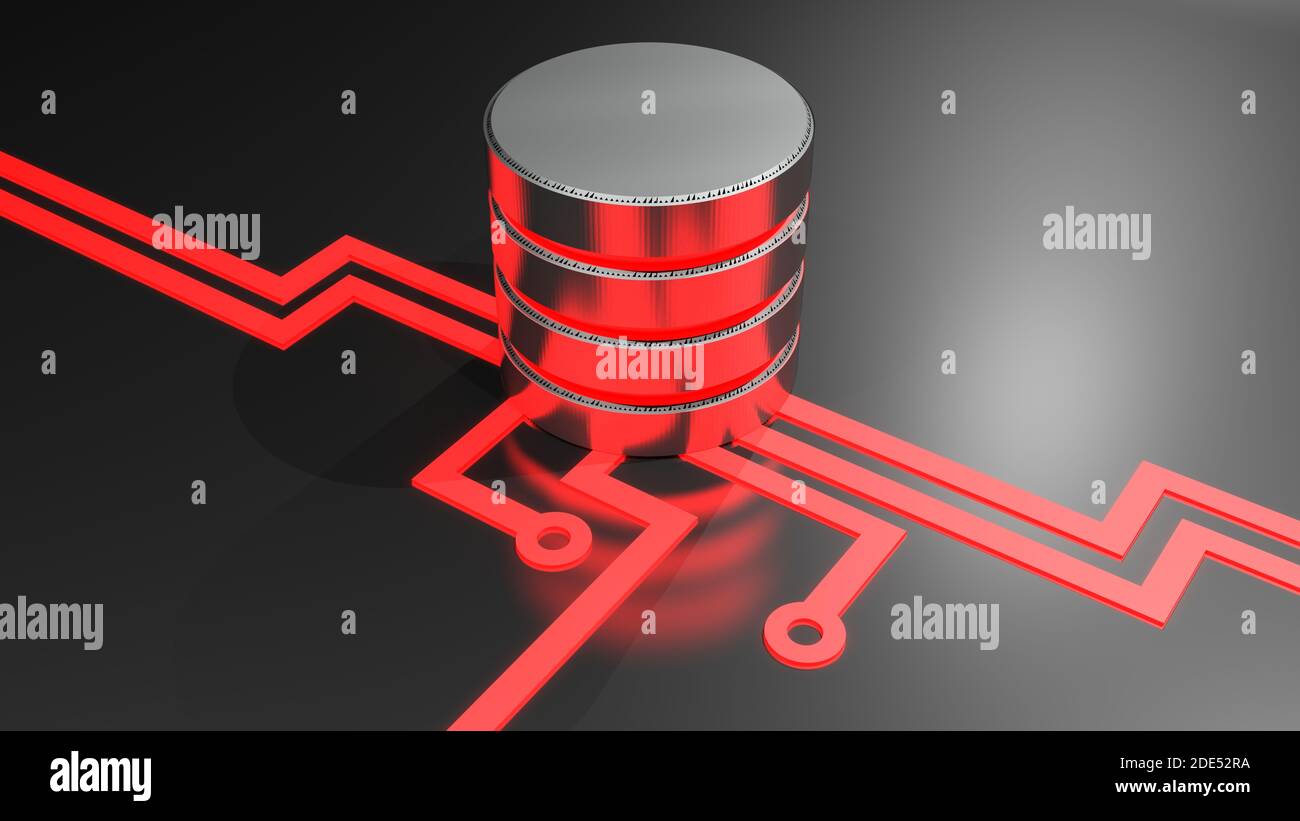 DATABASE technology concept image with metallic disks and red light ...