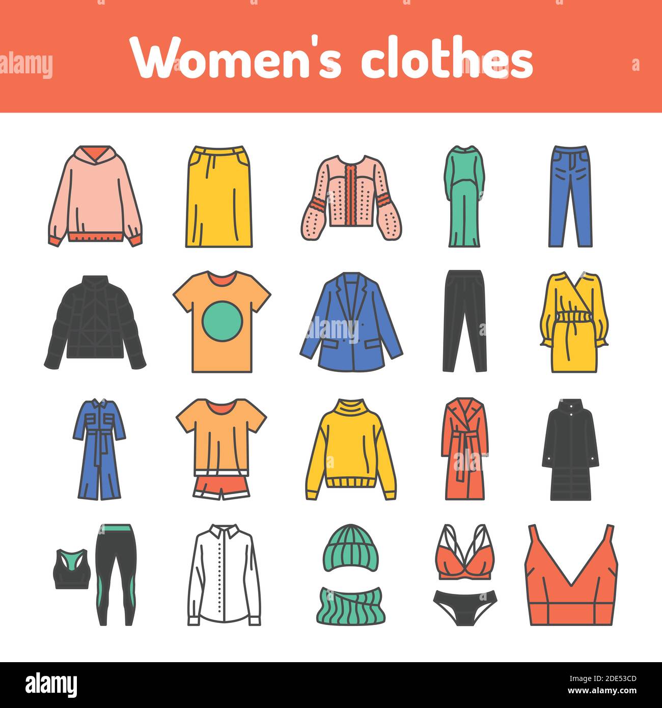 Womens clothes color line icons set. Pictograms for web page, mobile ...