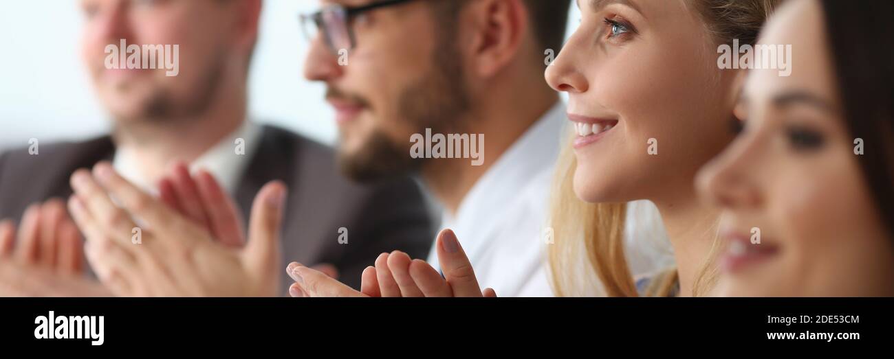 Positive delighted people being grateful for conference Stock Photo - Alamy